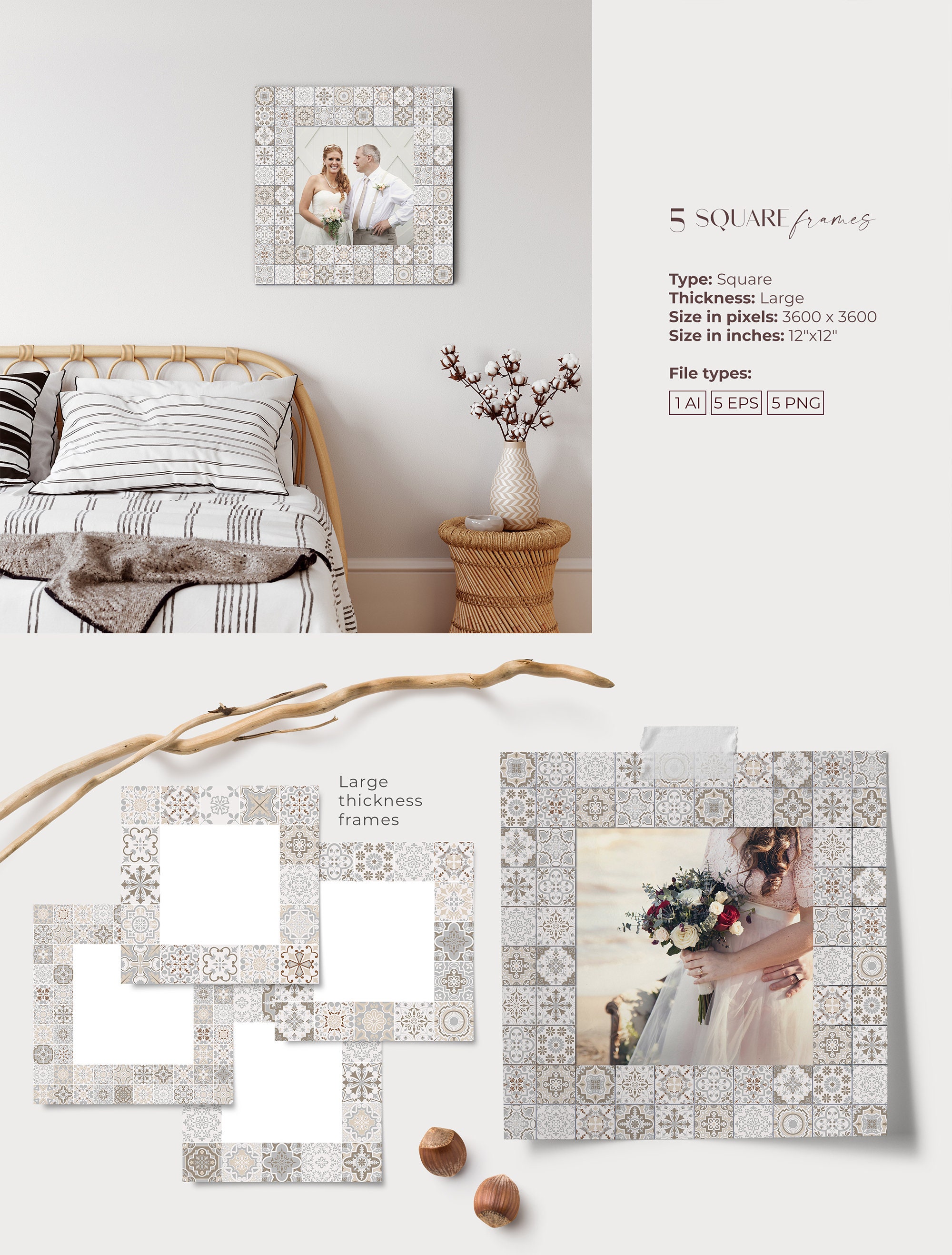 Beige Spanish Tiles Frames Vector Seamless Patterns Bundle. Tile ...