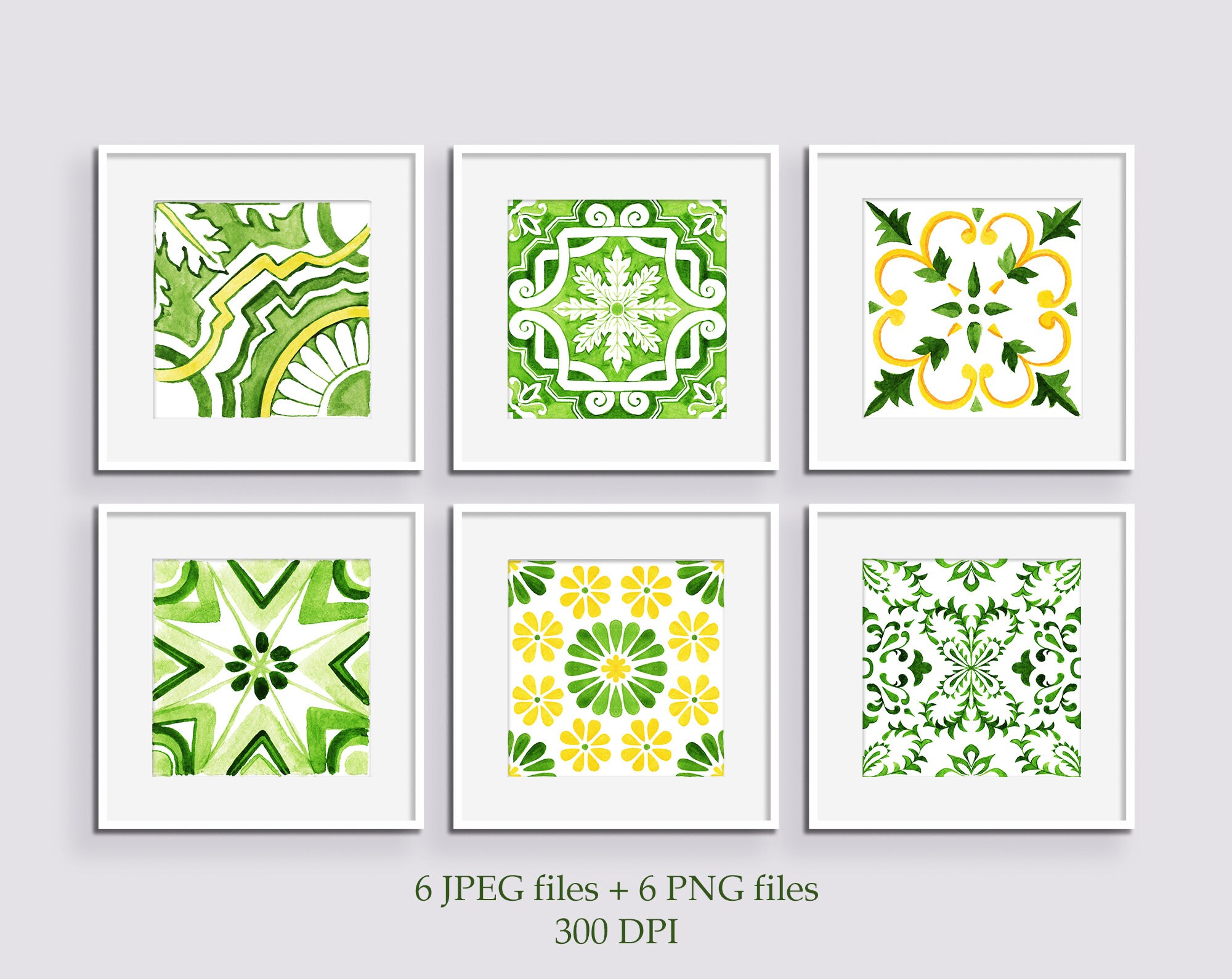Spring Tiles Green Watercolor Digital Print Clipart Set1. | Etsy