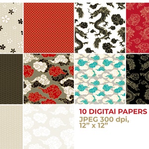 Chinese Dragon Digital Papers. Red and Beige Asian Traditional Seamless ...