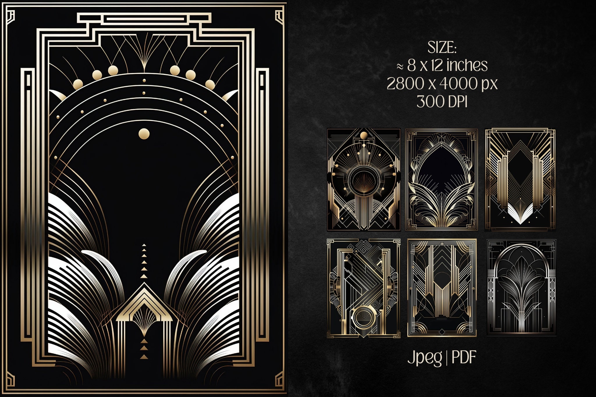 Gold and Black Art Deco Wall Art Vertical Printable Posters 8 X 12 ...