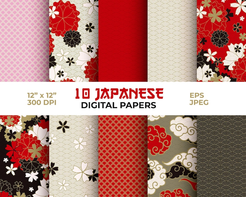 Japanese Cherry Blossom Digital Paper: Kimono Vector Patterns (EPS ...