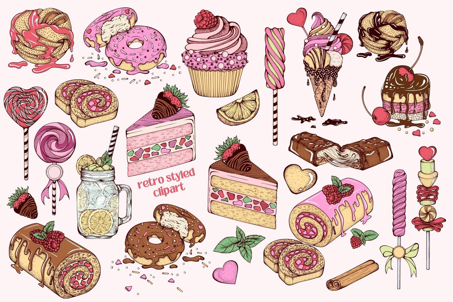 Pink Retro Sweets Vector EPS Clipart. Cake Ice Cream - Etsy