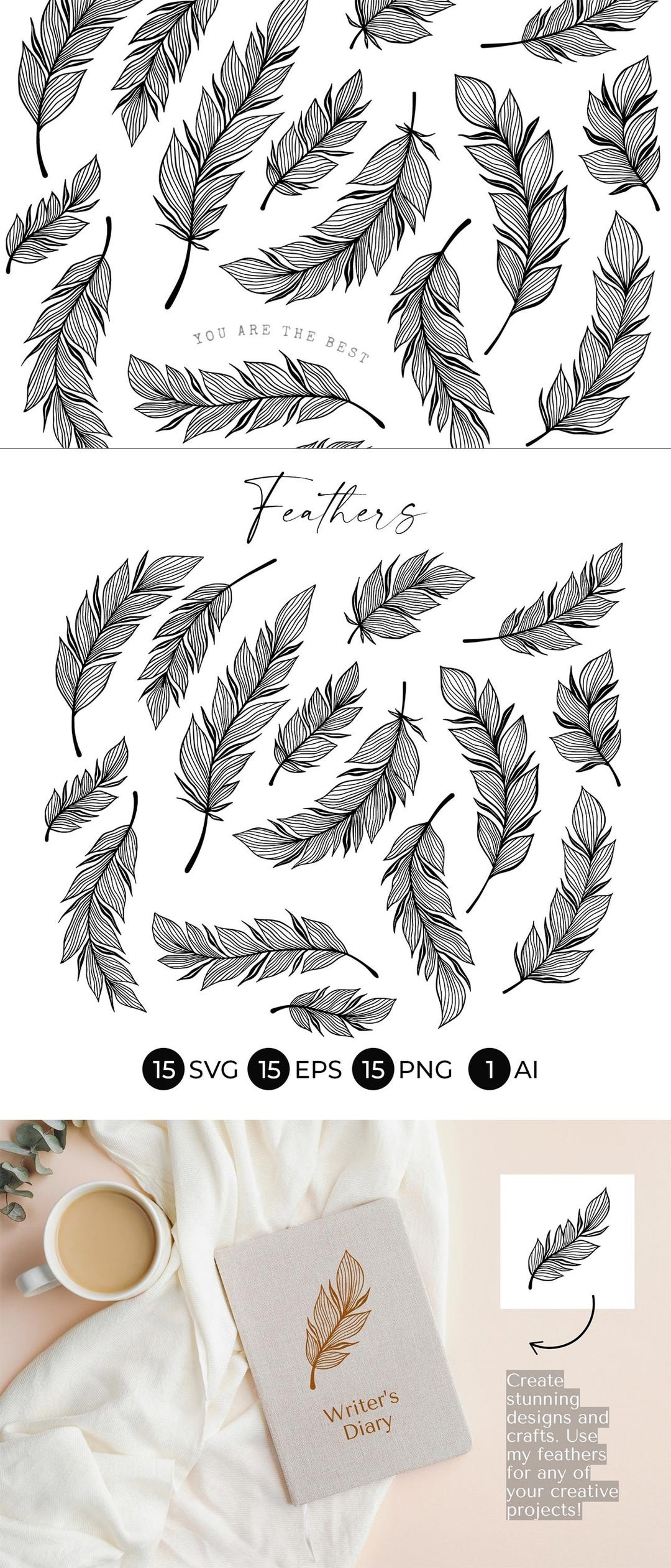 Black and White Feathers Stencil, Wavy Lines Vector SVG and PNG Clipart ...
