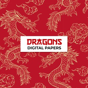 Chinese Dragon Digital Papers. Red and Beige Asian Traditional Seamless ...