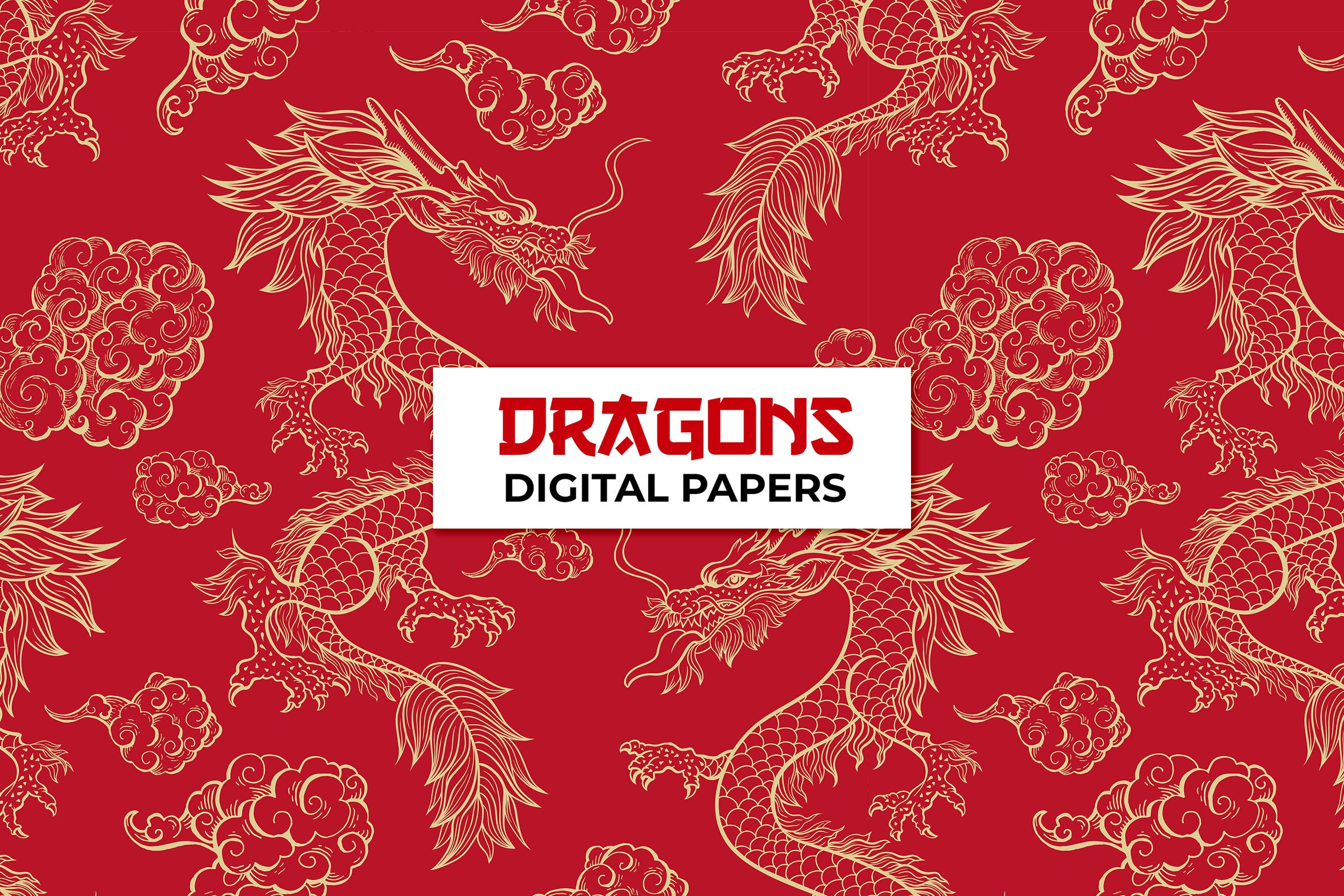 Chinese Dragon Digital Papers. Red and Beige Asian Traditional | Etsy