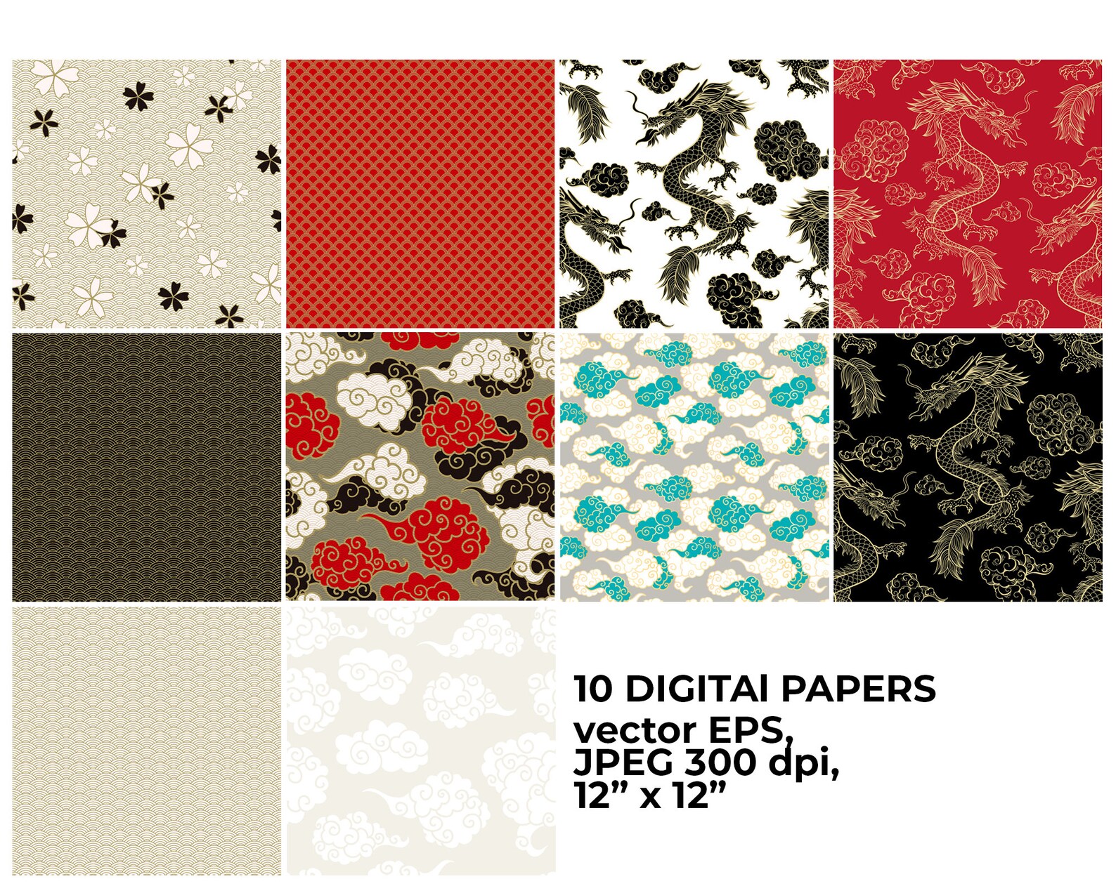 Chinese New Year Digital Papers Vector Dragon Vector Files Sublimation ...