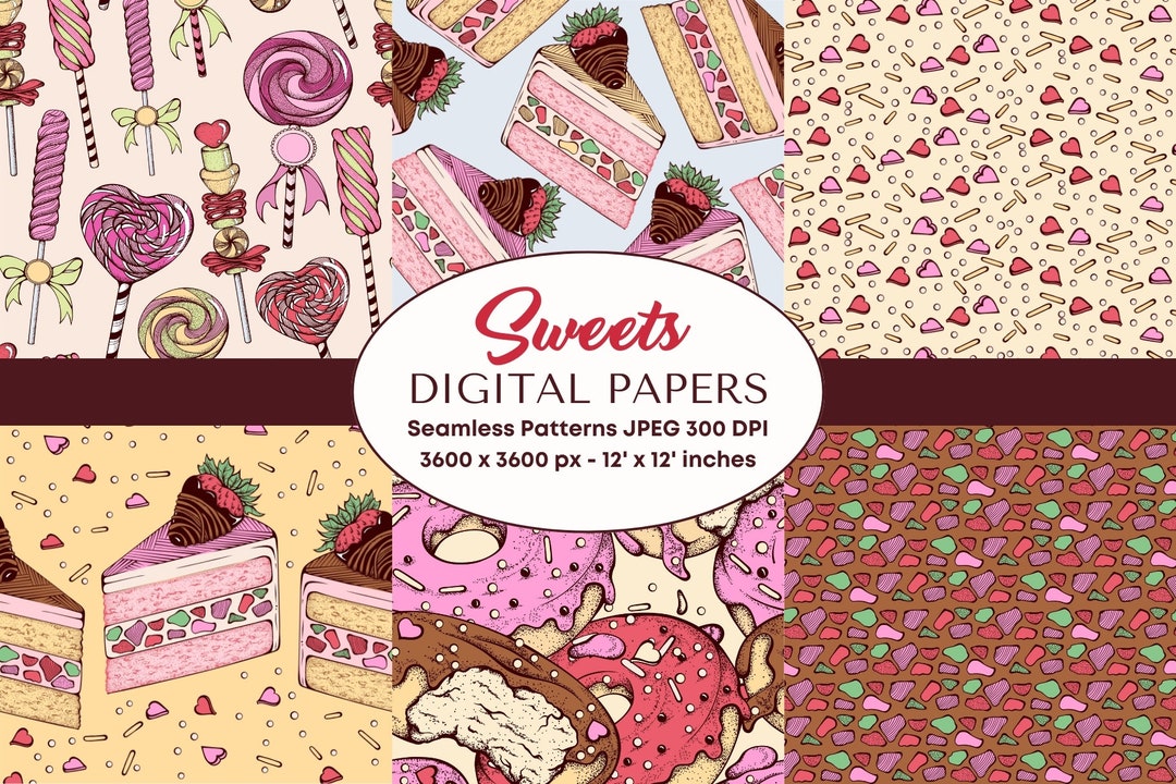 Cute Hand Drawn Sweets Digital Papers for Scrapbook, Fabric Textile ...