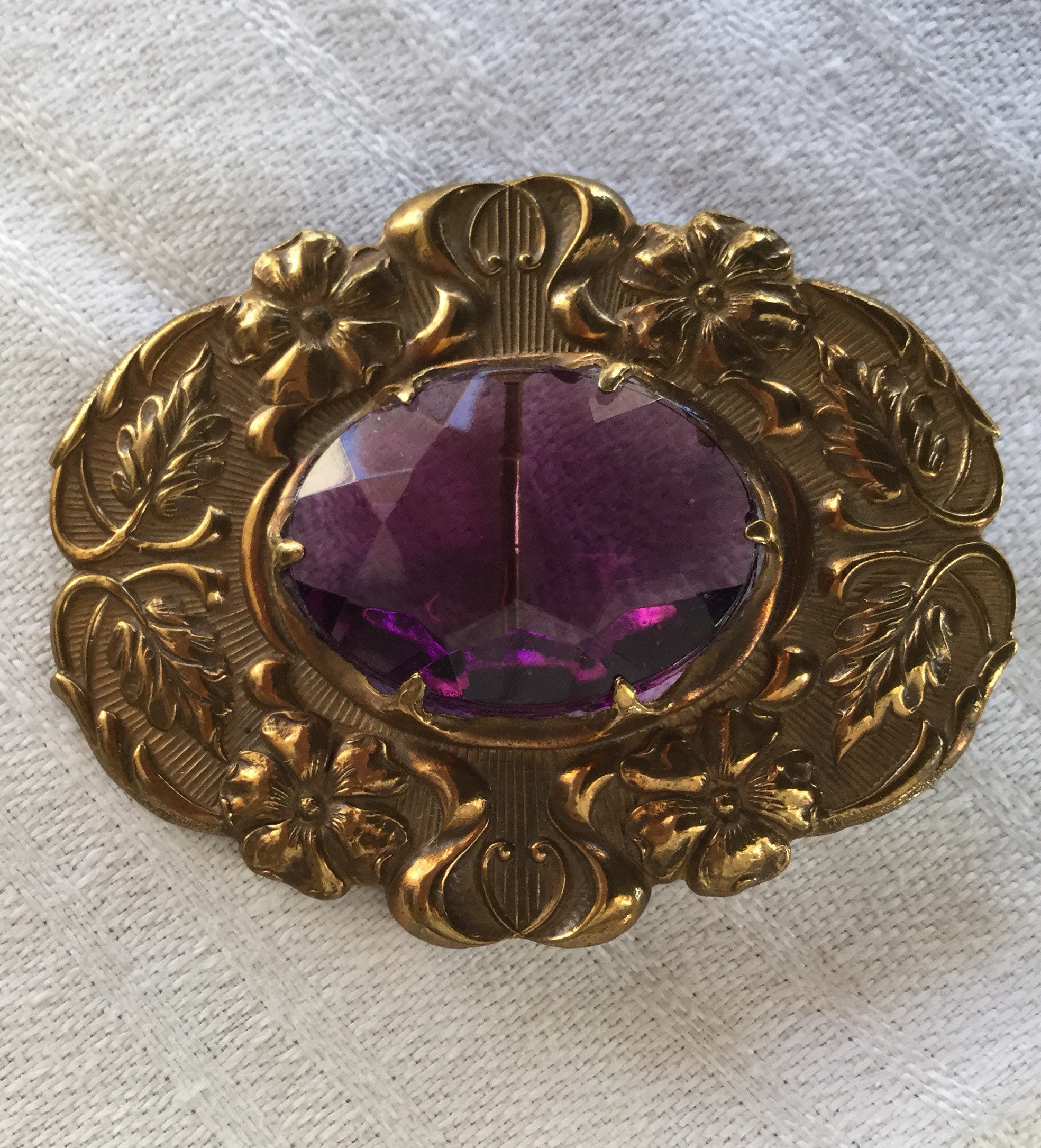 Vintage Art Nouveau Gold Washed Sash Brooch Prong Set Amethyst Facetted ...