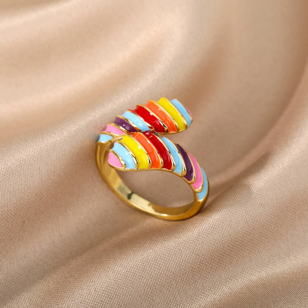 Rainbow Neon Enamel Rings for Women Open Stainless Steel - Etsy