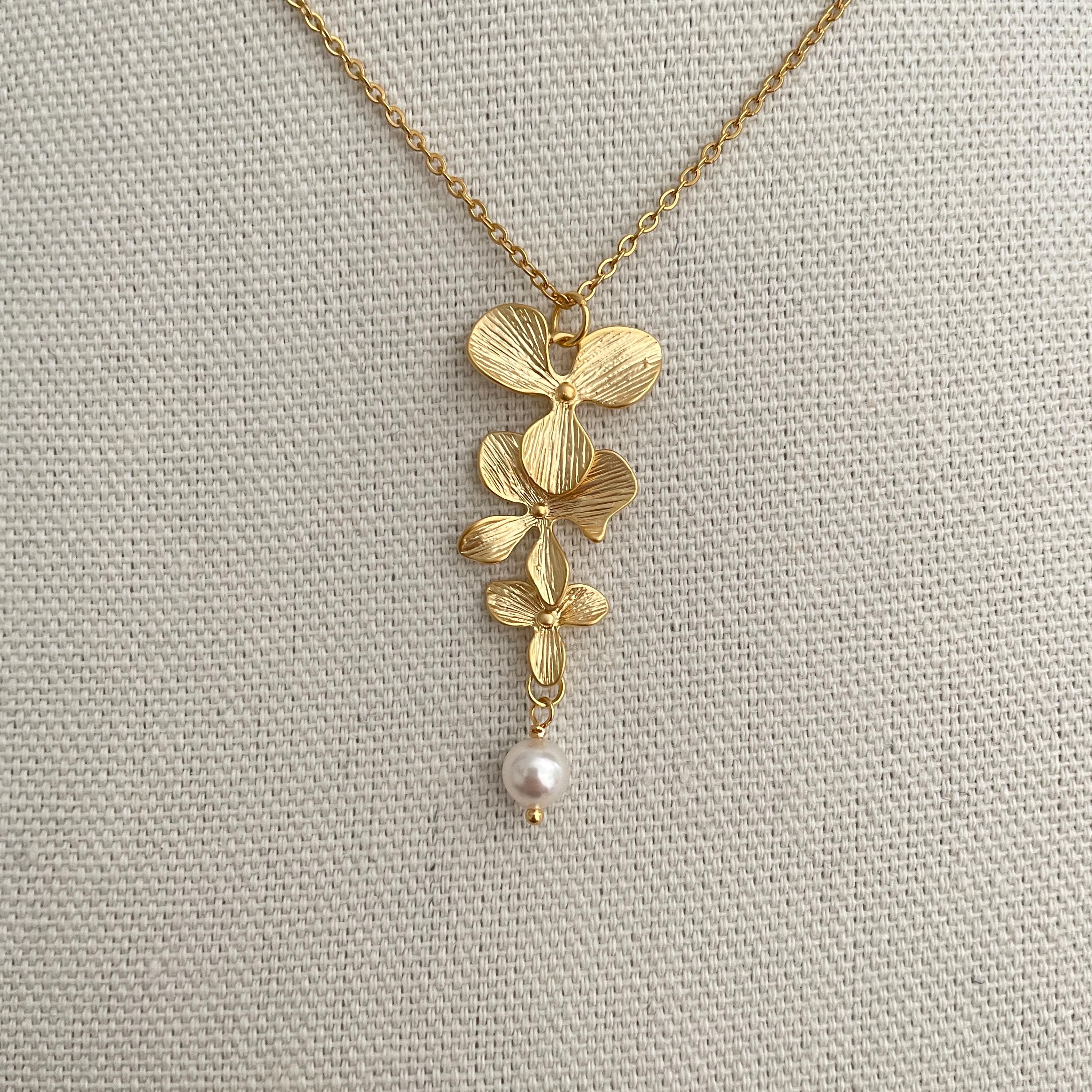 Beautiful Triple Orchid Flower Necklace With White Pearl Floral ...