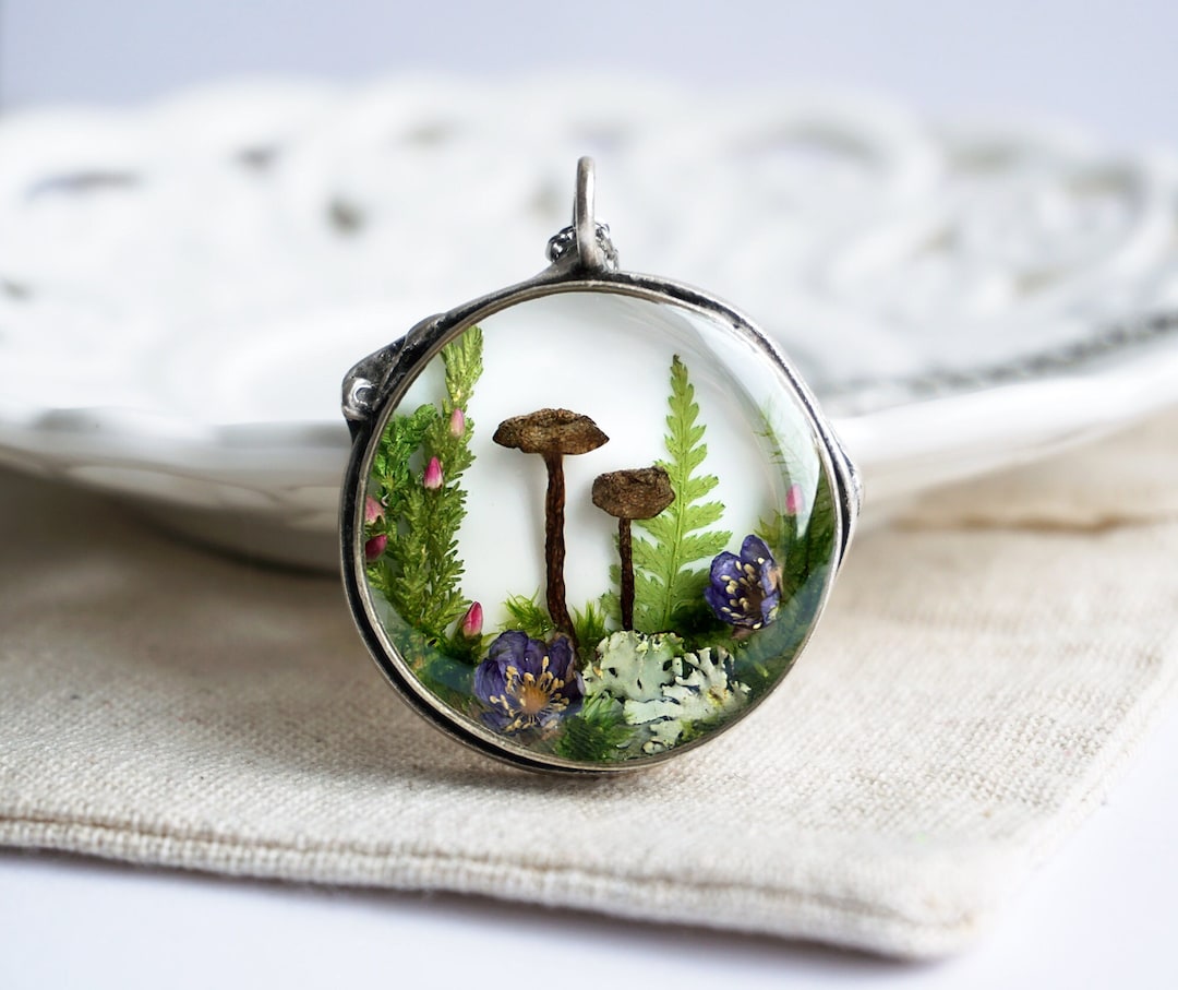 Forest Pendant With Real Mushrooms, Hepatica Flowers, Fern, Pink ...