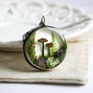 Forest Pendant With Real Mushrooms, Hepatica Flowers, Fern, Pink ...