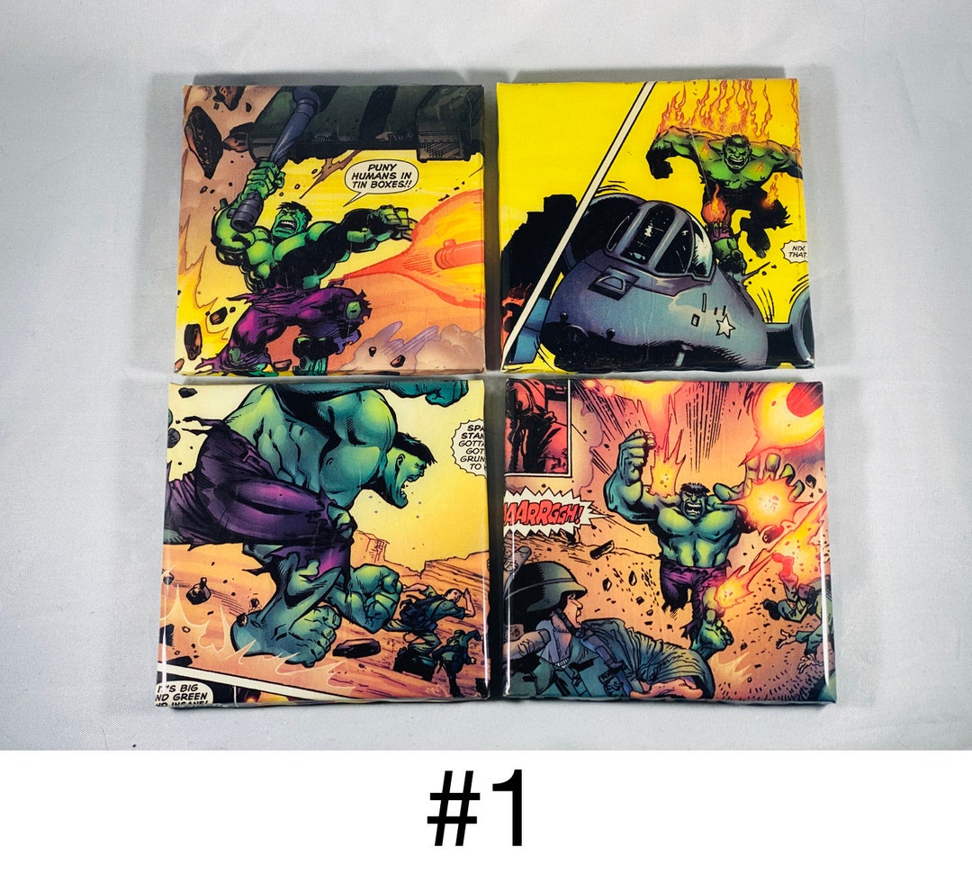 Hulk Boom Decorative Tile Coasters Set, Resin Covered, Comic Art, Wall ...