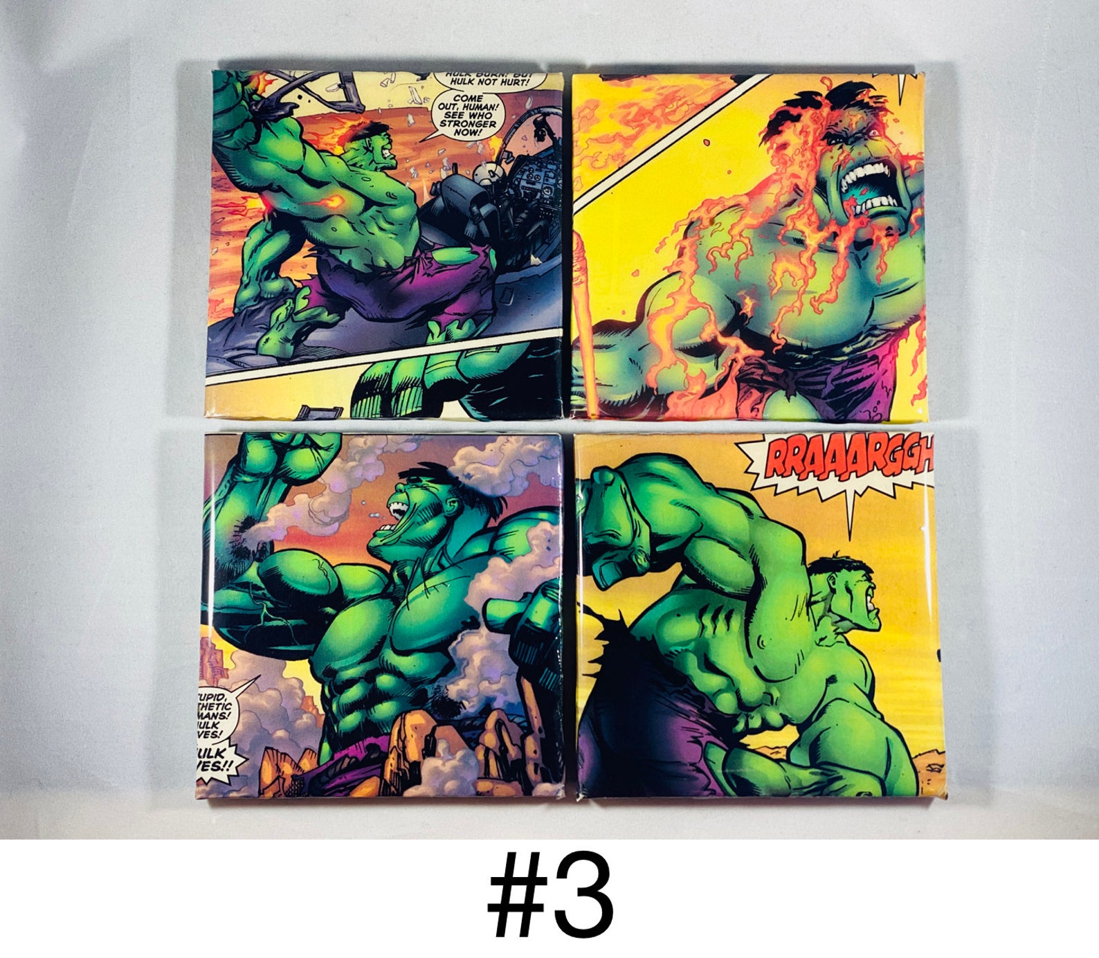 Hulk Boom Decorative Tile Coasters Set, Resin Covered, Comic Art, Wall ...