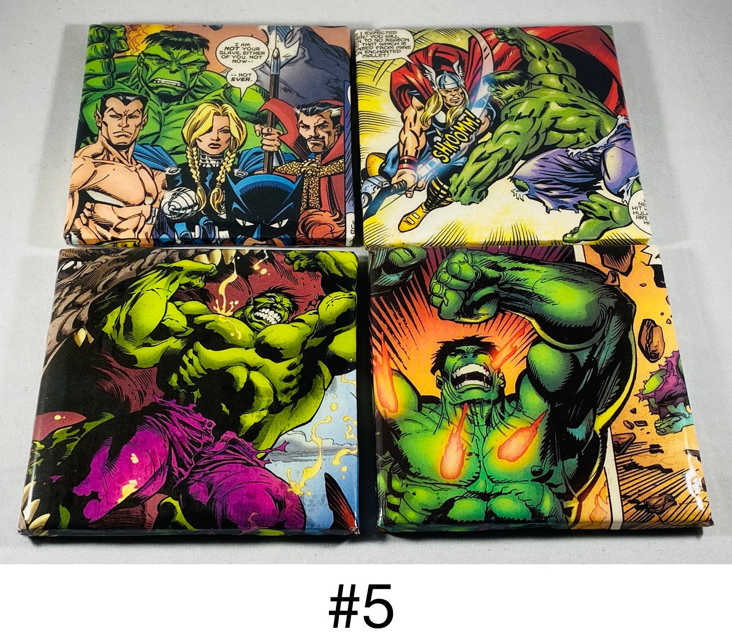 Hulk Boom Decorative Tile Coasters Set, Resin Covered, Comic Art, Wall ...