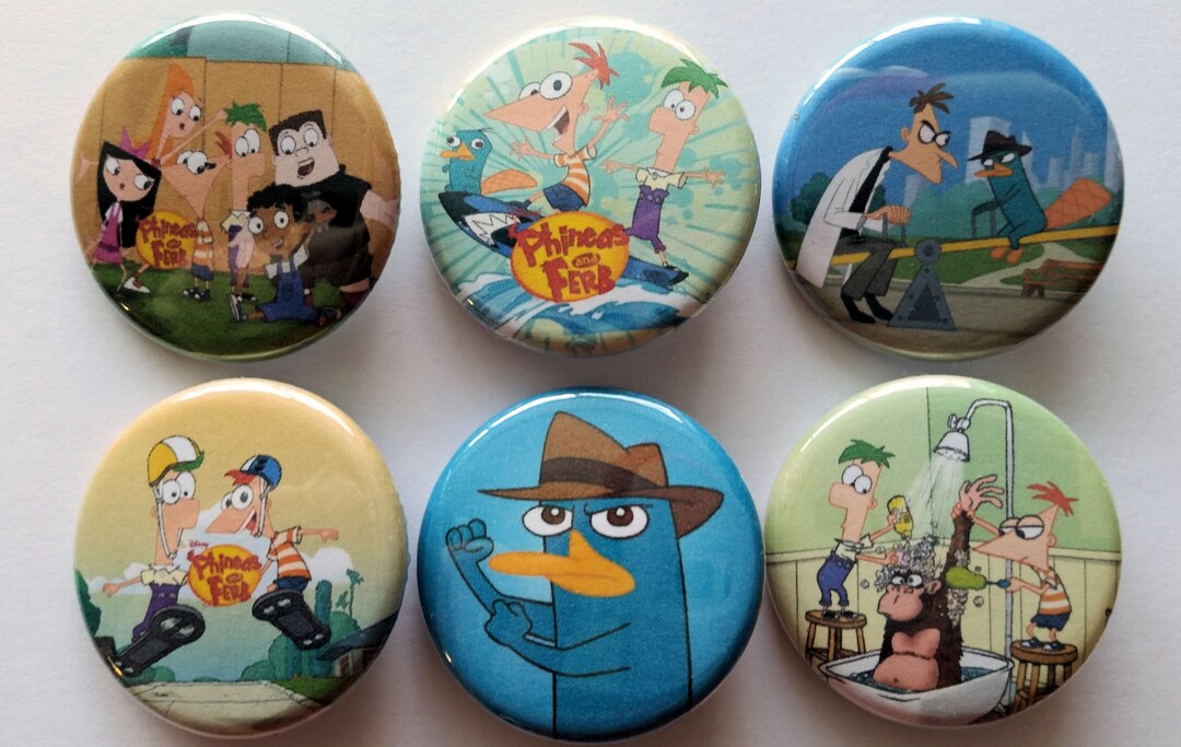 Phineas And Ferb Badge Button Pin Set Of 6 Etsy