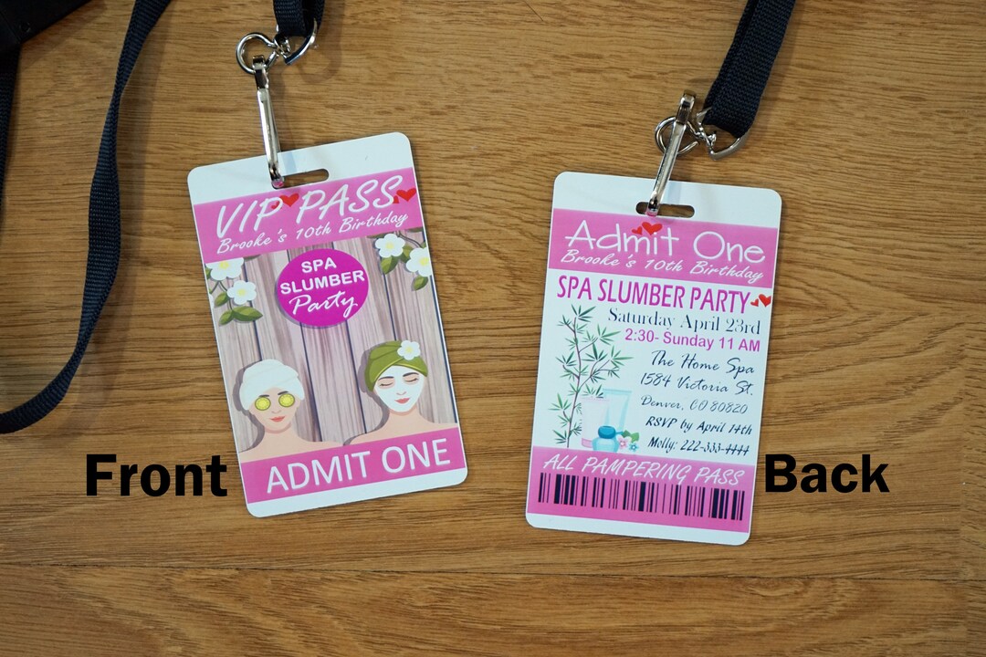 Spa Slumber Party VIP Pass, Lanyard Birthday Invitations, Spa Pamper ...