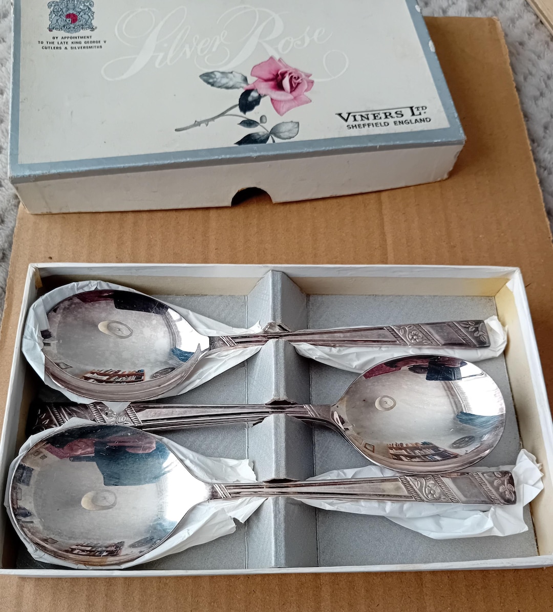 Set 6 Viners Silver Rose Pattern Soup Spoons, Plated EP Extra A Boxed ...