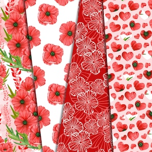Poppy Digital Paper, Watercolor Floral Paper, Red Flowers Patterns ...