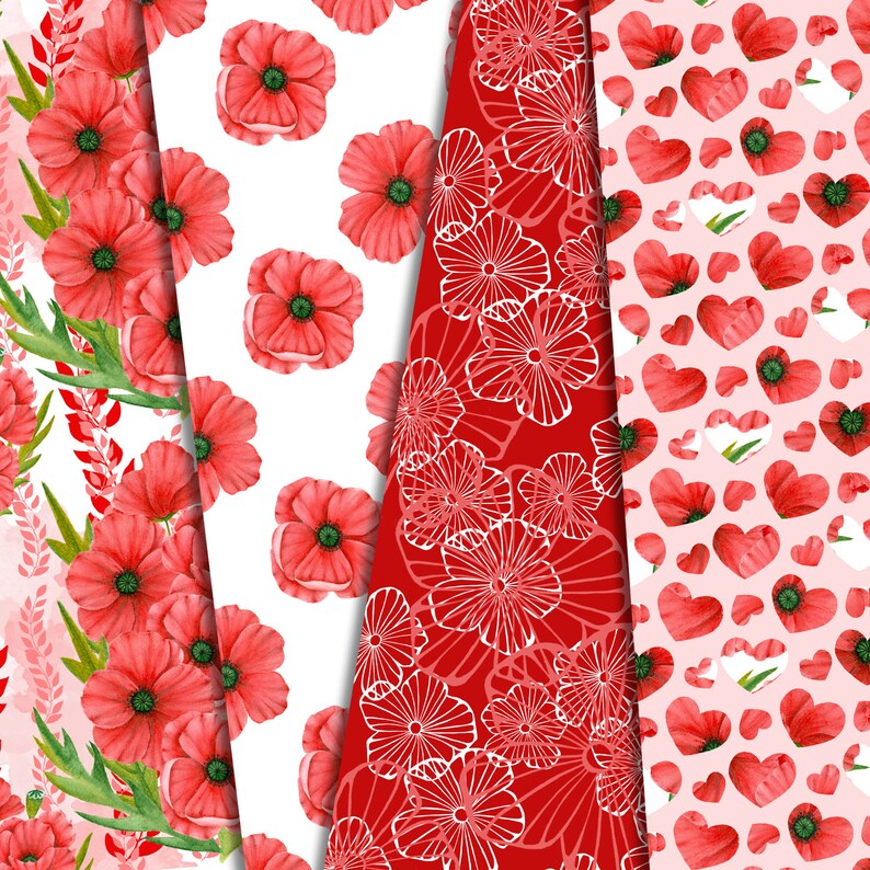 Poppy Digital Paper Watercolor Floral Paper Red Flowers - Etsy