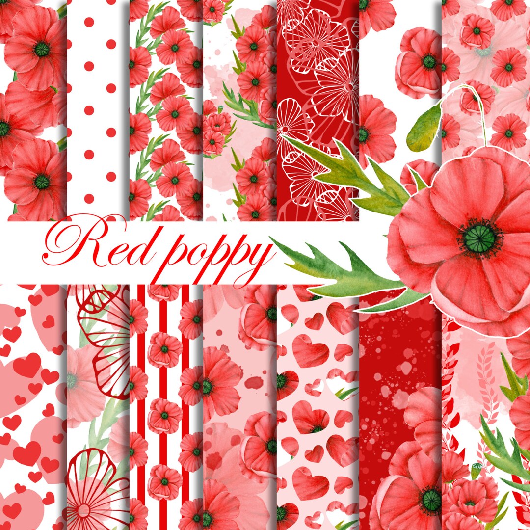 Poppy Digital Paper, Watercolor Floral Paper, Red Flowers Patterns ...