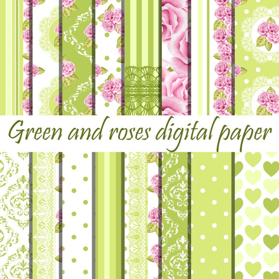 Green Rose Digital Paper Rose Digital Paper Floral Papers | Etsy
