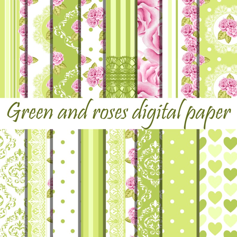 Green Rose Digital Paper Rose Digital Paper Floral Papers - Etsy