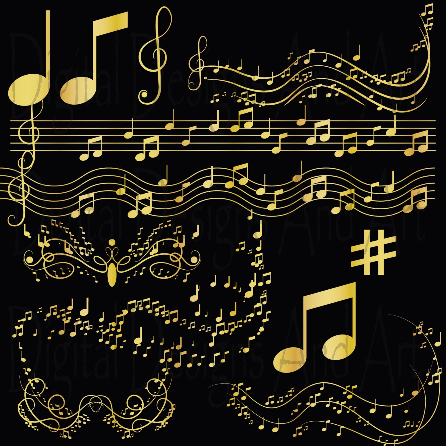 Gold Music clipart Gold notes clip art Digital Clipart | Etsy