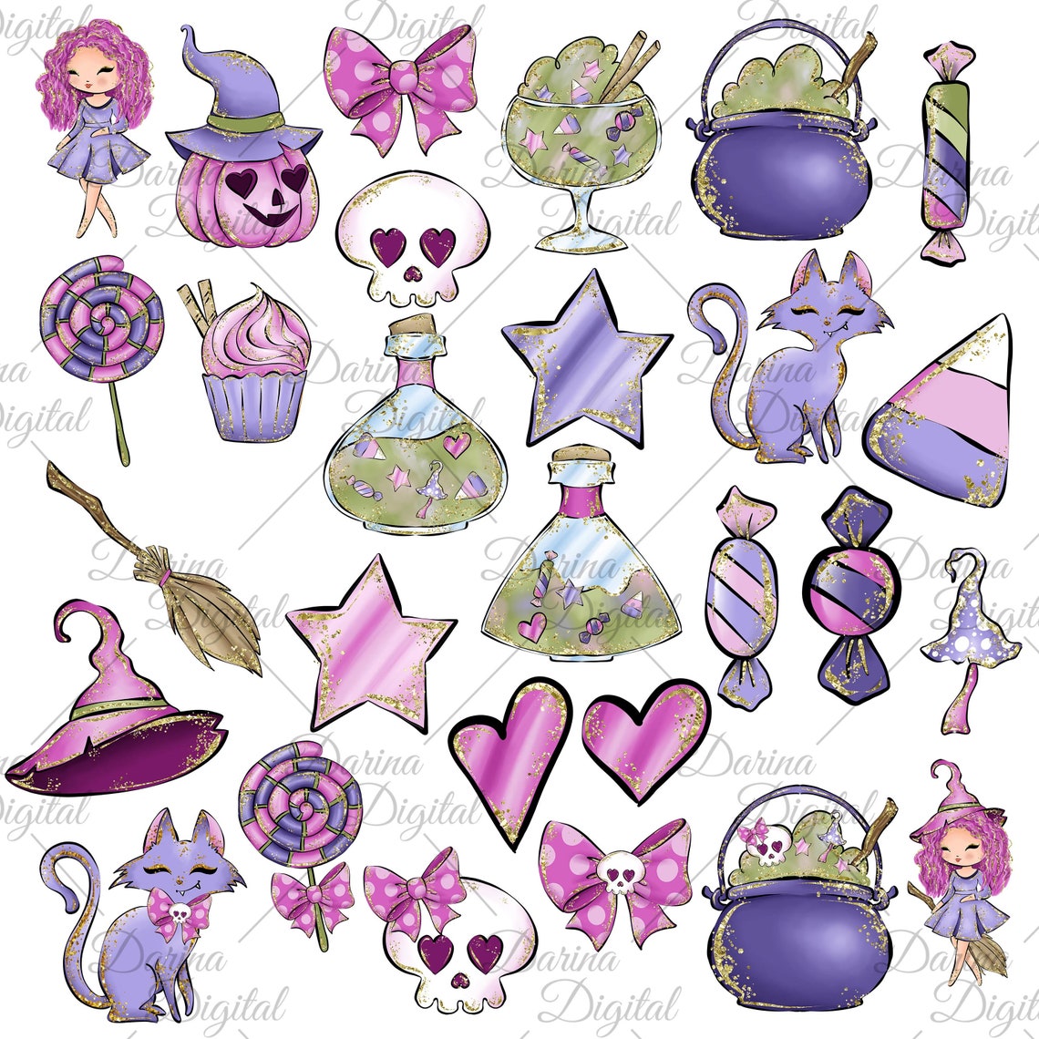 Pink Halloween Clipart Halloween Clipart Witch Clipart | Etsy