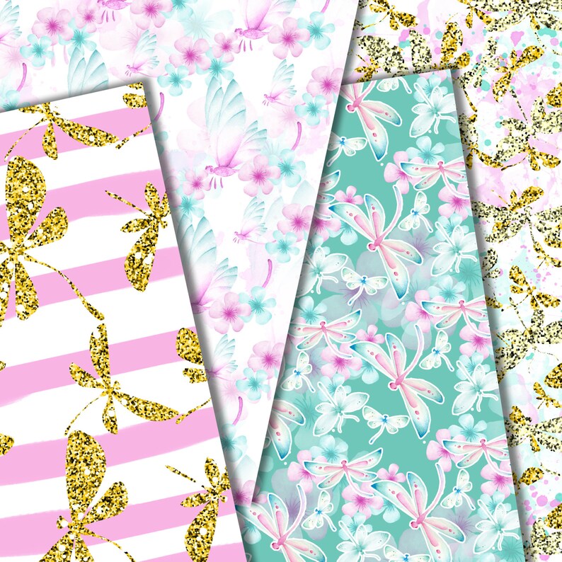 Dragonfly Digital Paper Pack Pink & Mint Patterns Pink | Etsy
