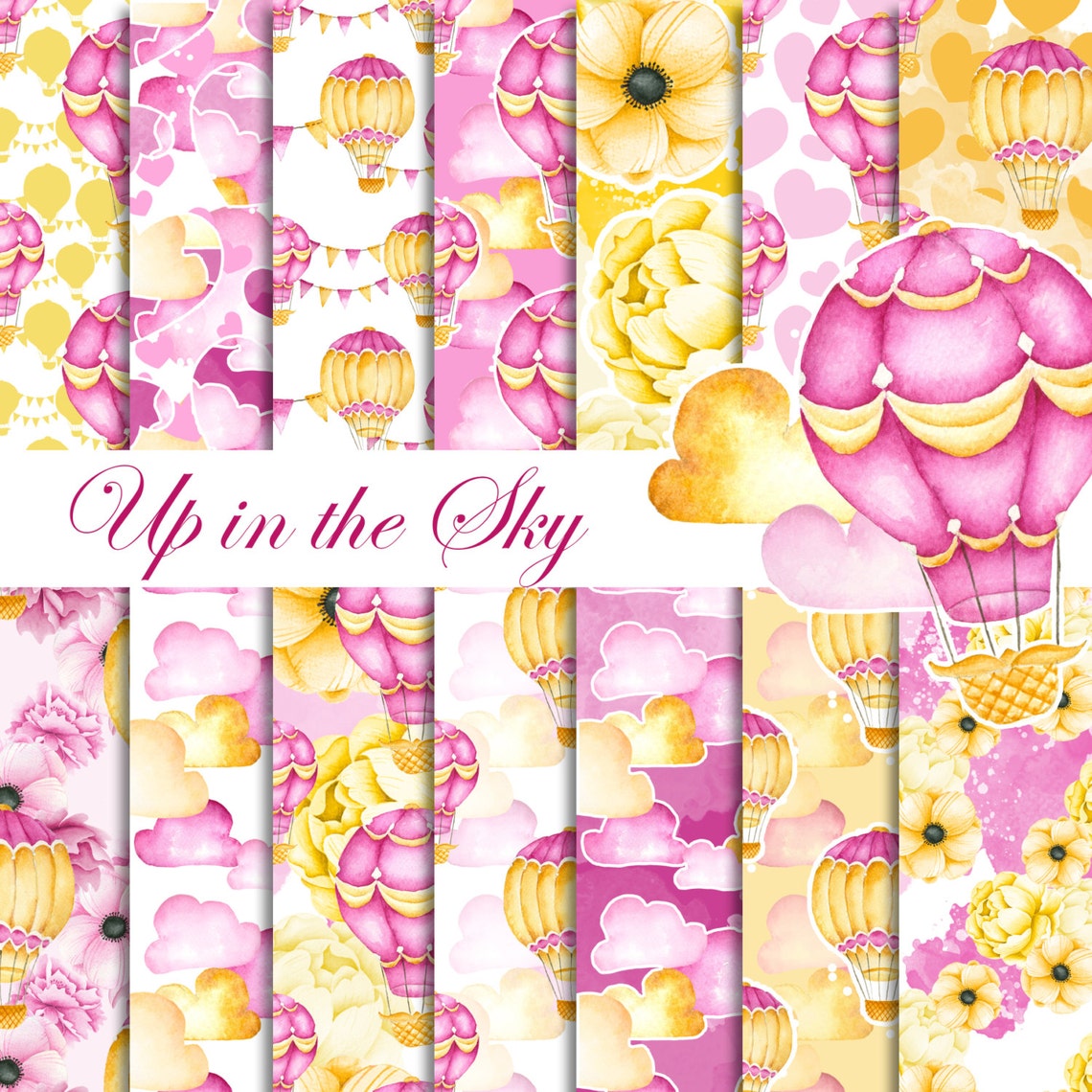 Air Balloon Digital Paper Clouds & Balloon Seamless Patterns | Etsy