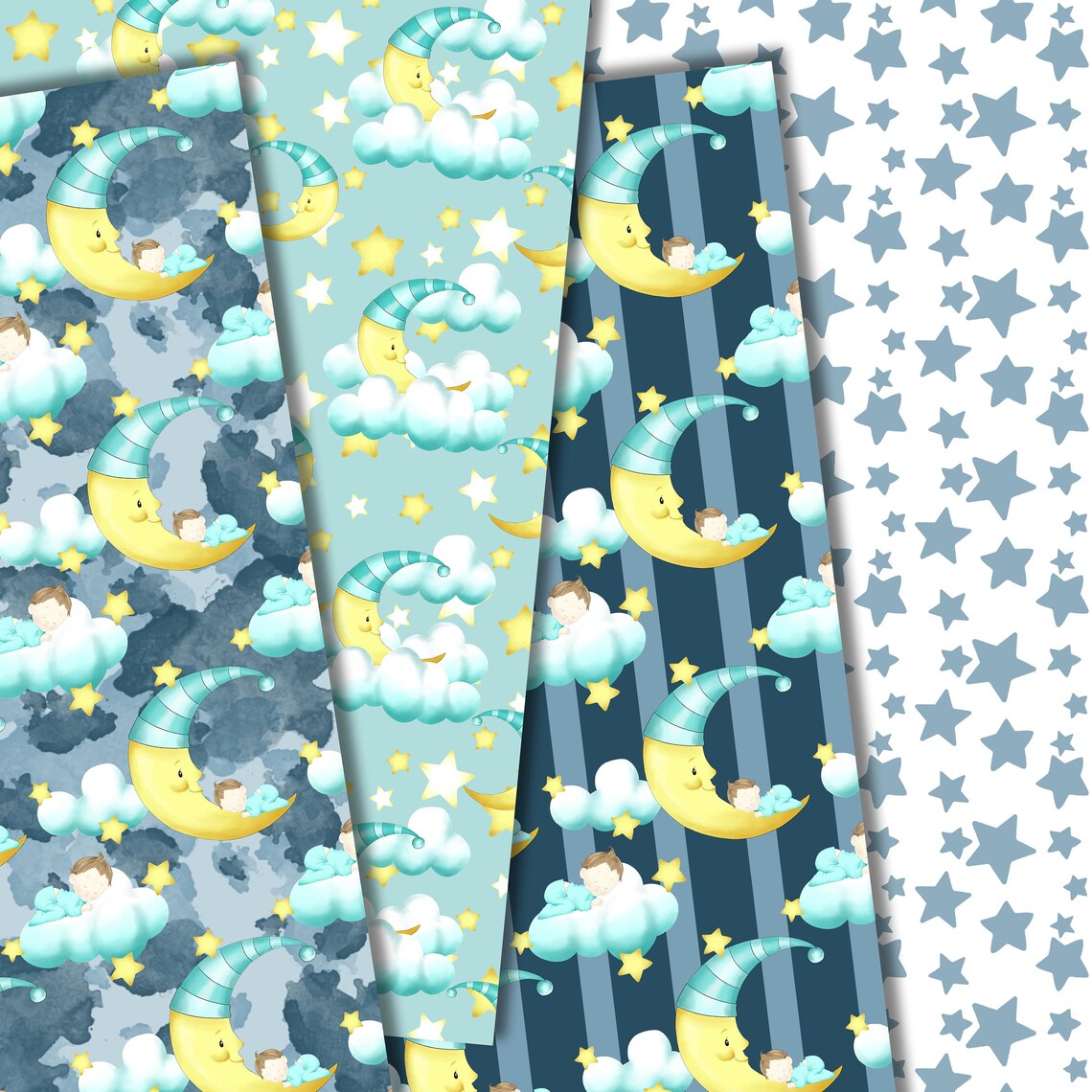 Baby Boy Digital Paper Moon & Clouds Paper Pack Boy Digital - Etsy