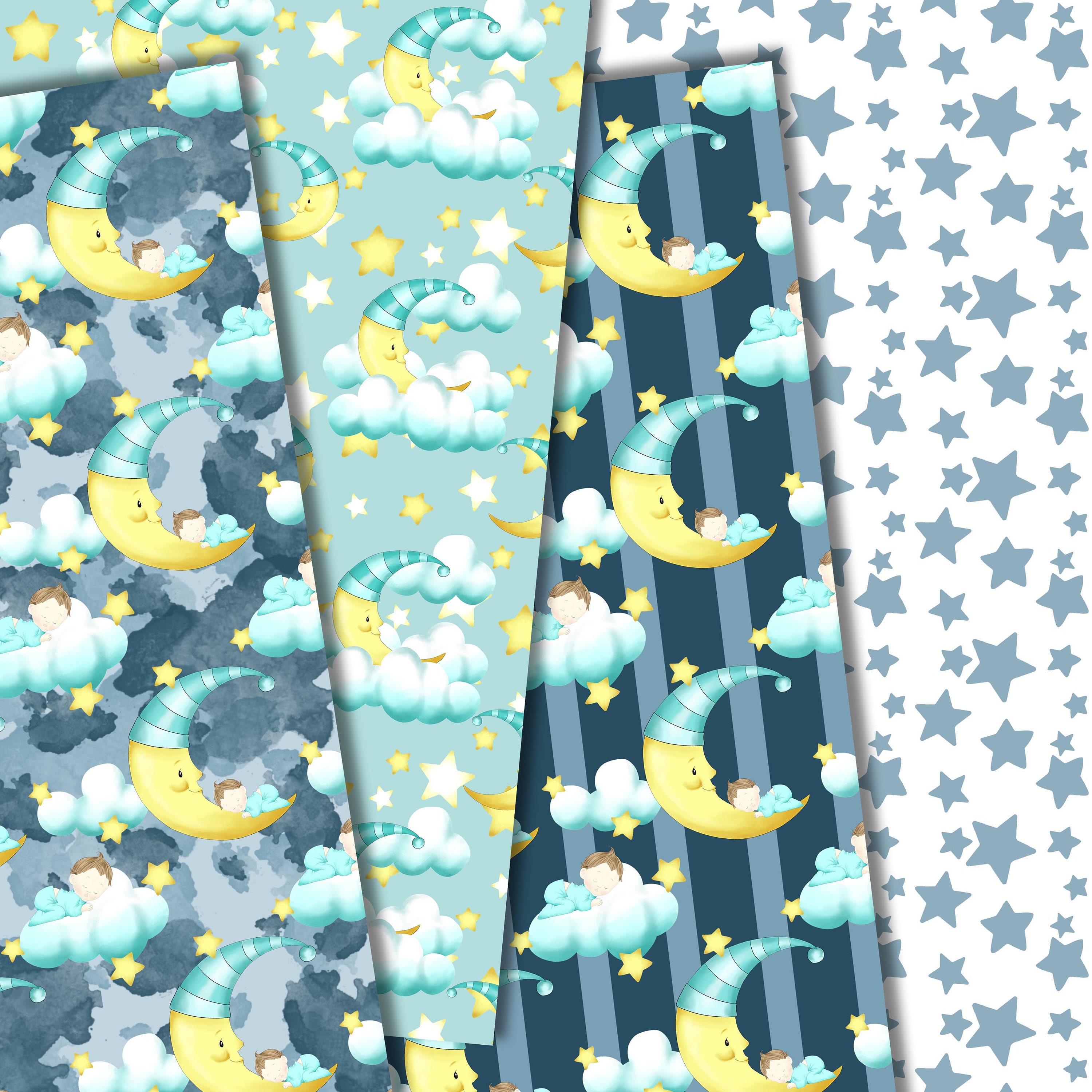 Baby Boy Digital Paper, Moon & Clouds Paper Pack, Boy Digital Pattern ...