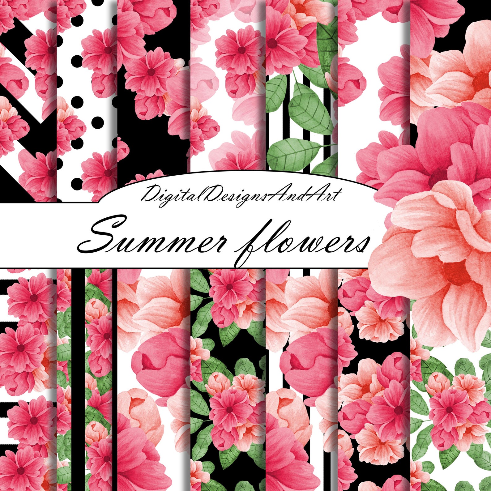 Pink Flower Digital Paper, Pink and Black Digital Paper, Floral ...