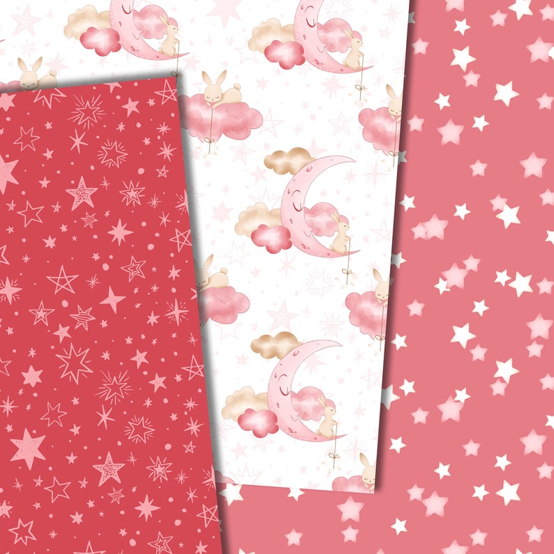 Bunny digital paper Baby girl pattern Moon paper moon and | Etsy