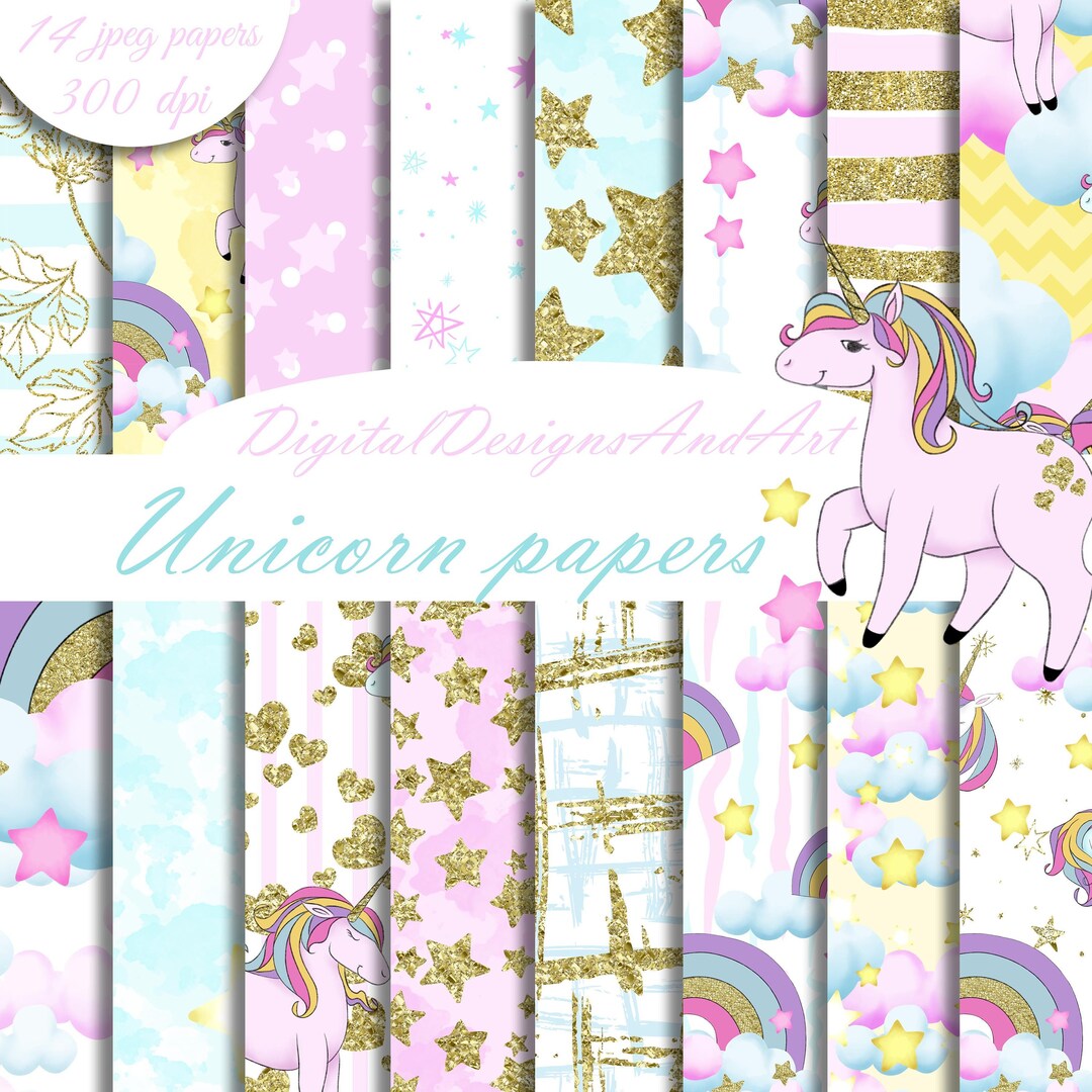 Unicorn Paper, Unicorn Digital Pattern, Scrapbook Paper, Rainbows and ...