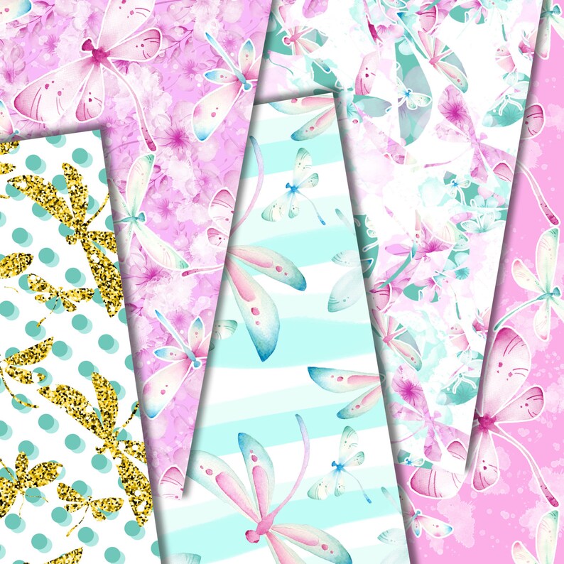Dragonfly Digital Paper Pack Pink & Mint Patterns Pink | Etsy