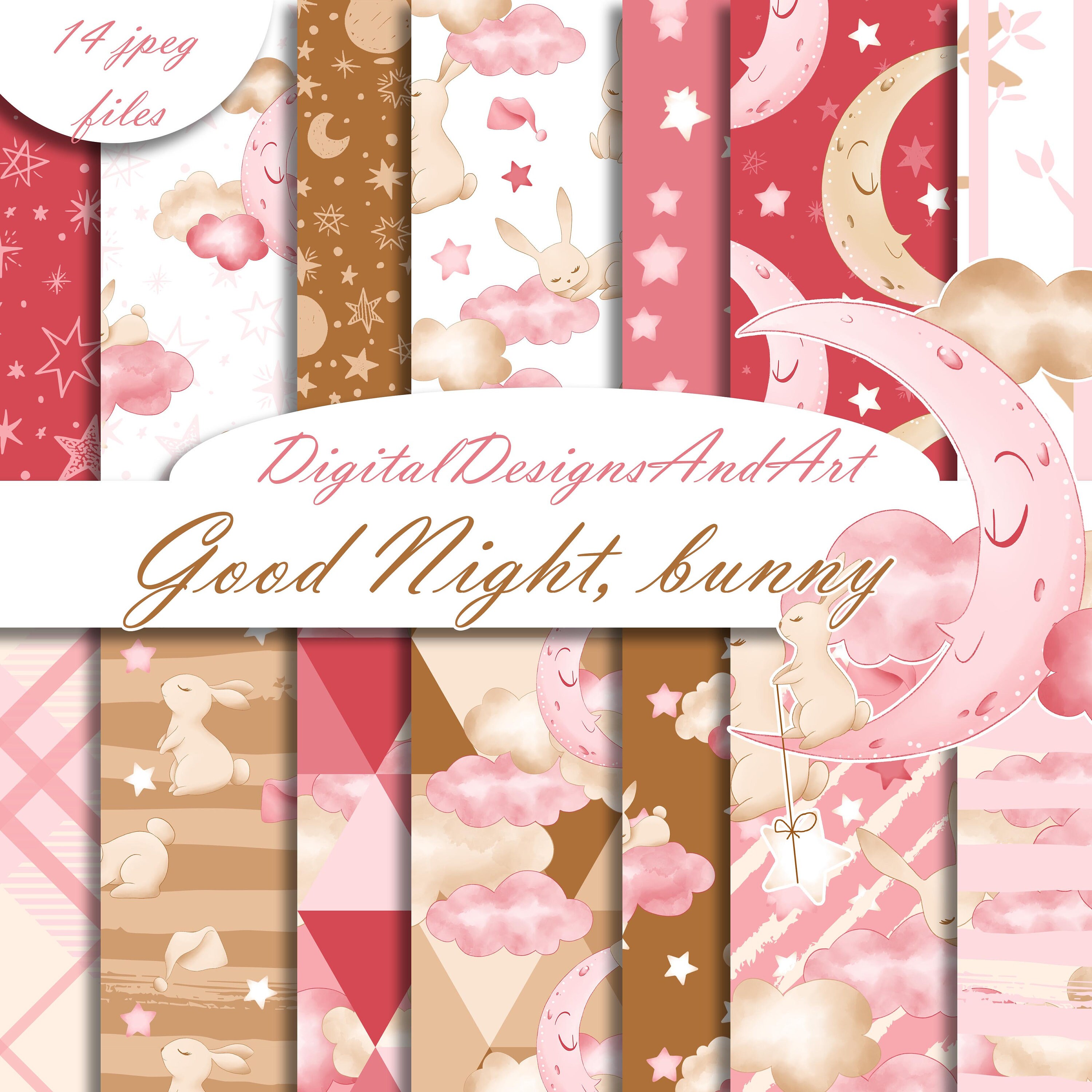 Bunny digital paper Baby girl pattern Moon paper moon and | Etsy