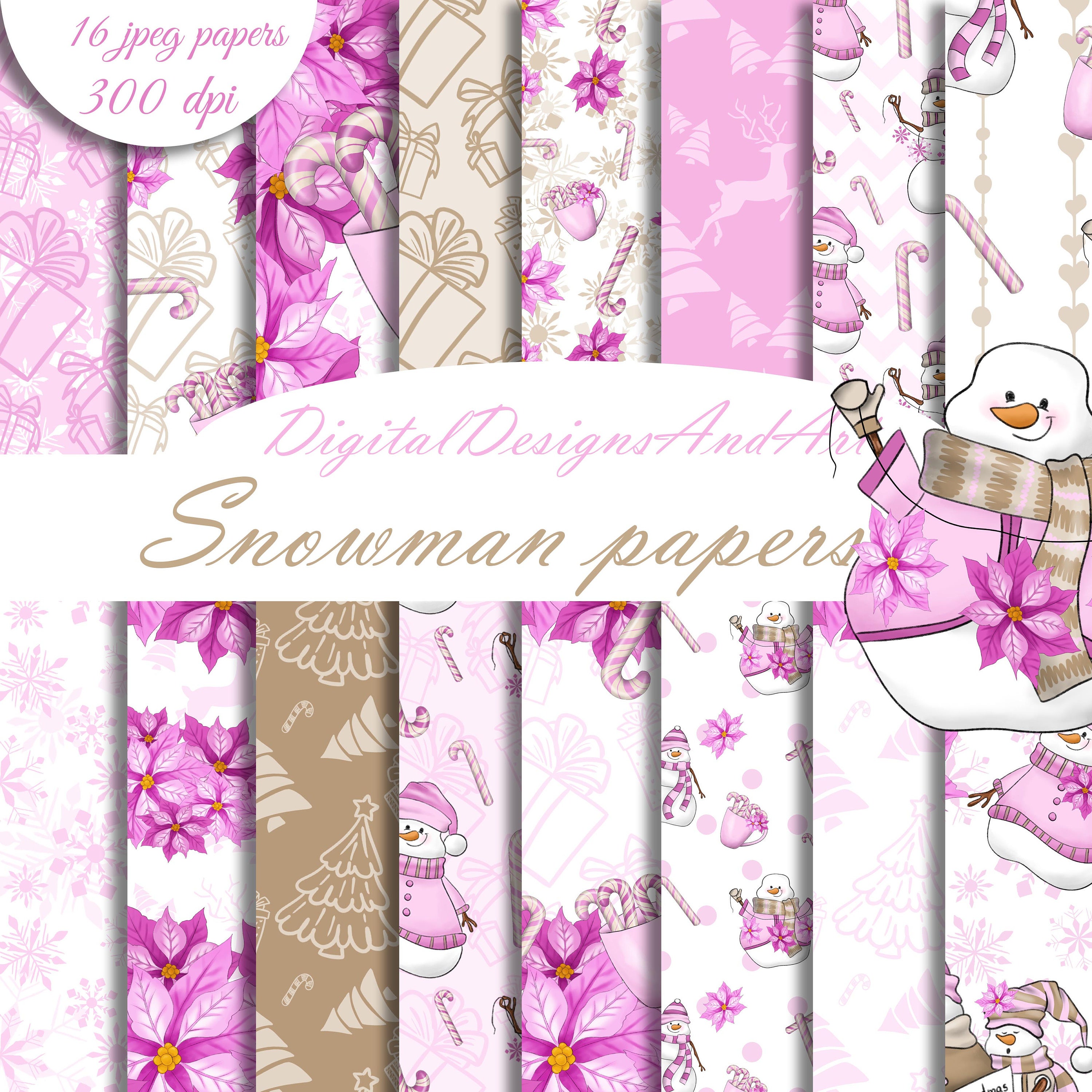 Snowman Digital Paper, Winter Digital Paper, Pink Winter Paper, Pink ...