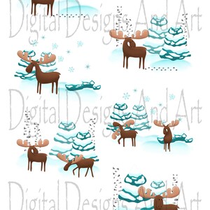 Moose Clipart, Snowflakes Clipart, Winter Clipart, Forest Moose Scenes ...