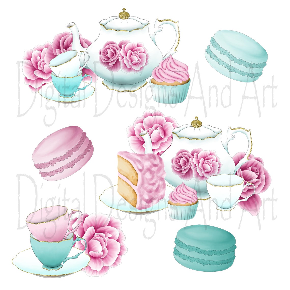 Tea Clipart, Teapot Clipart, Watercolor Tea Party Clipart, Cake ...