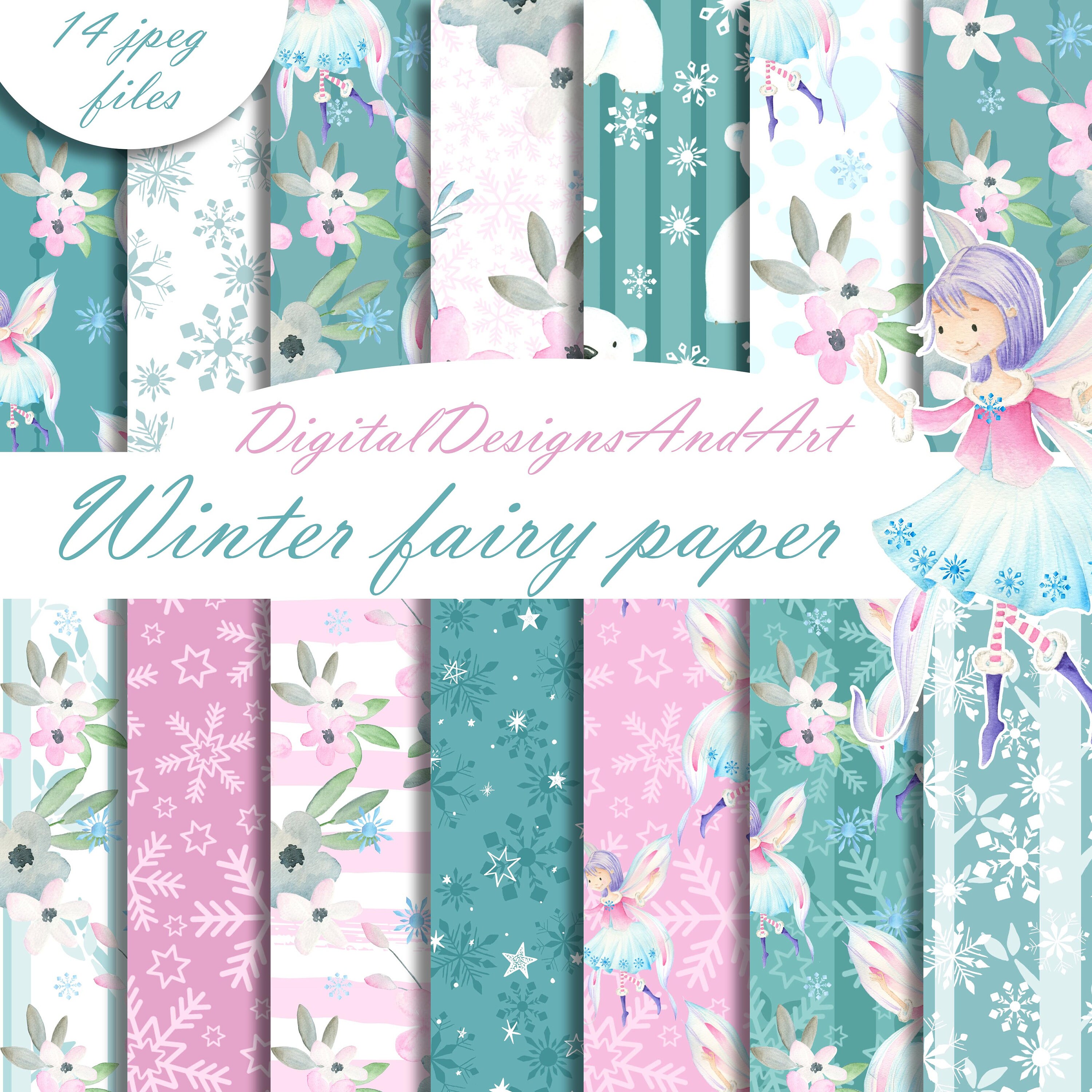 Fairy digital paper pack Magical winter patterns Watercolor | Etsy