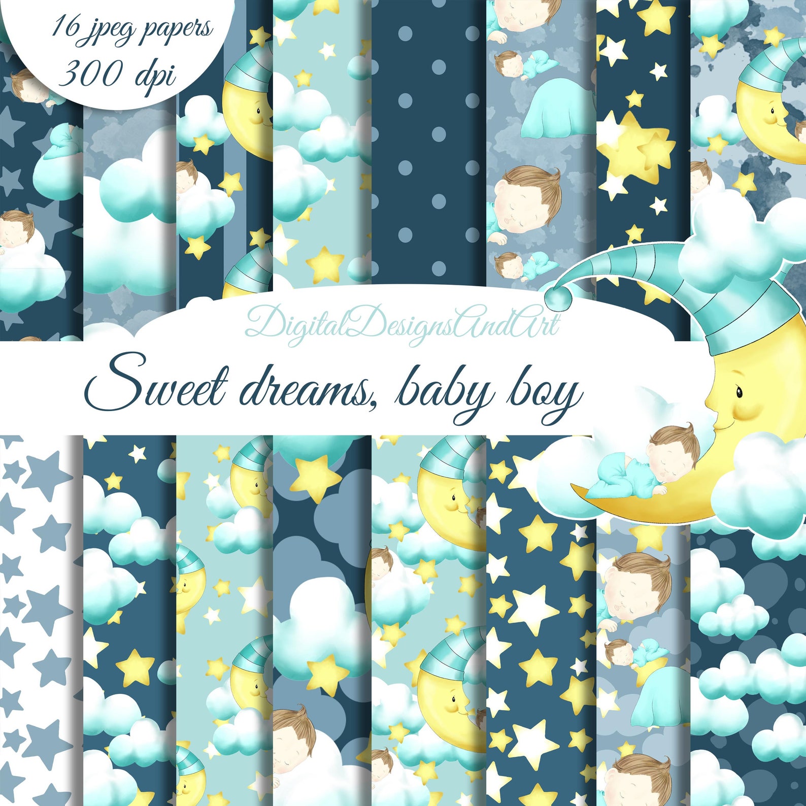 Baby Boy Digital Paper, Moon & Clouds Paper Pack, Boy Digital Pattern ...