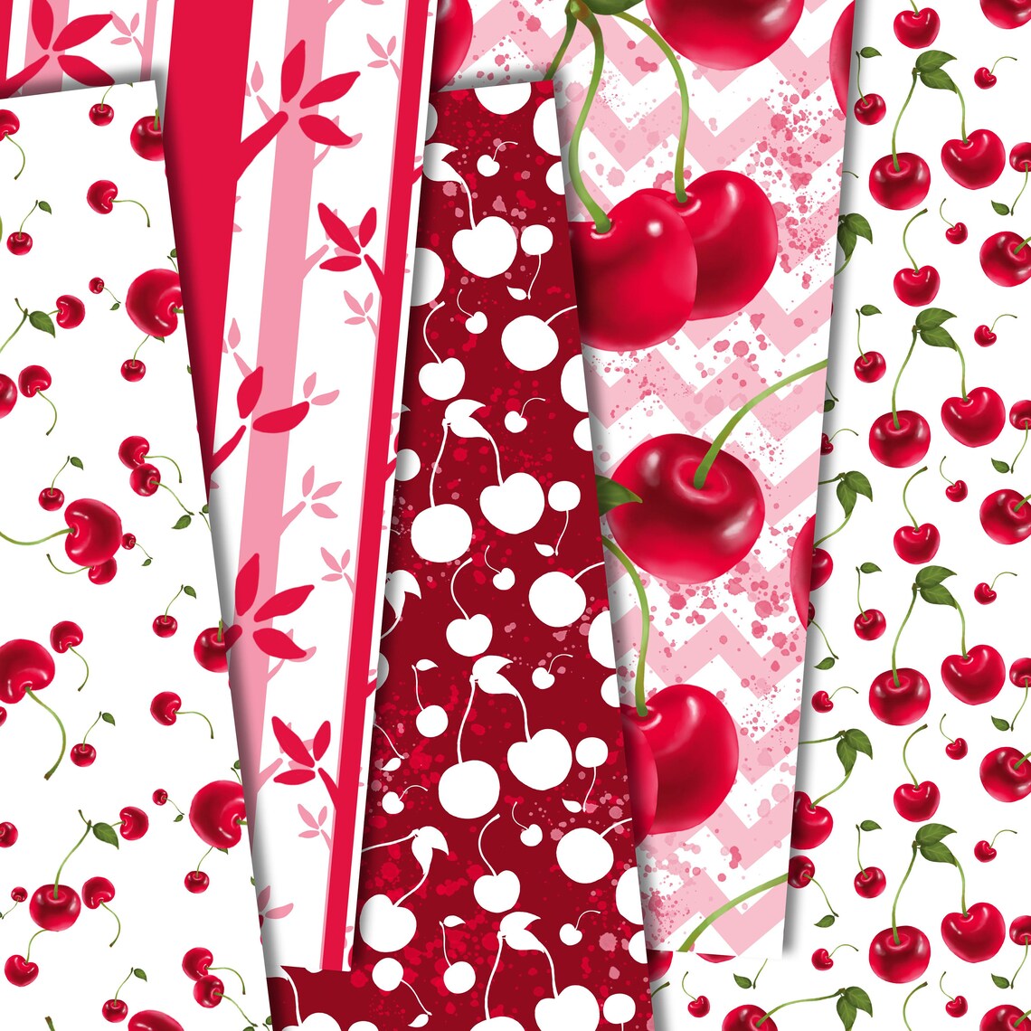 Cherry Digital Paper, Watercolor Cherry Papers, Seamless Patterns, Red ...