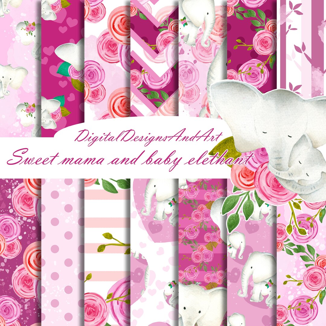 Elephant Digital Paper, Baby Papers Pack, Baby & Mama Elephant Patterns ...