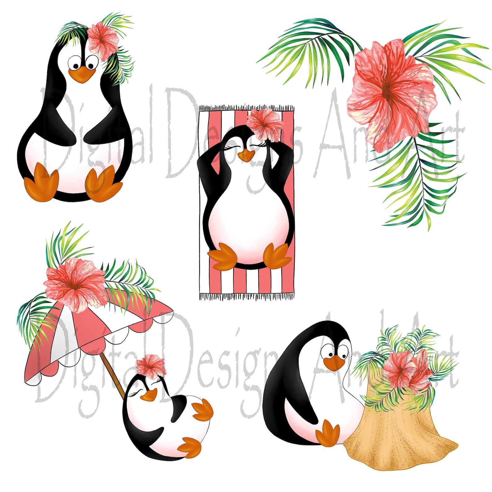 Beach Penguins Clipart Penguin Illustration Summer Clipart - Etsy