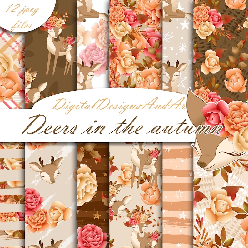 Deer digital paper forest deer pattern deer pattern autumn | Etsy