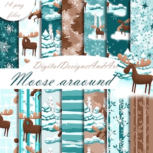 Moose Digital Paper, Moose Pattern, Winter Seamless Paper, Tree Paper ...