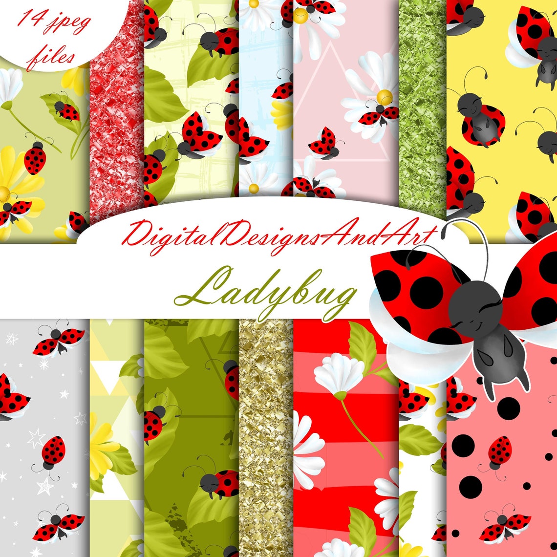 Ladybug Digital Paper Ladybug Patterns Bug Papers Daisy | Etsy