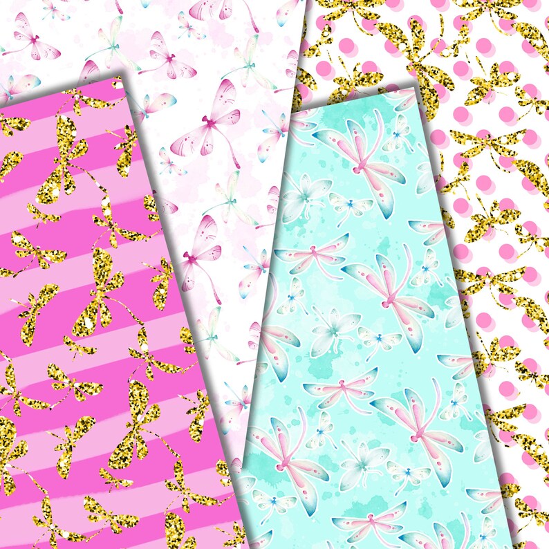 Dragonfly Digital Paper Pack Pink & Mint Patterns Pink | Etsy